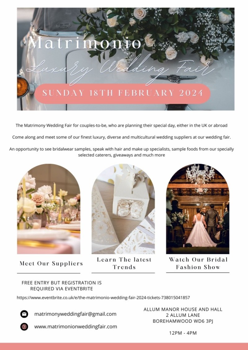 BOOK A STALL NOW! – The Matrimonio Wedding Fair 2024 – Allum Manor Hall ...